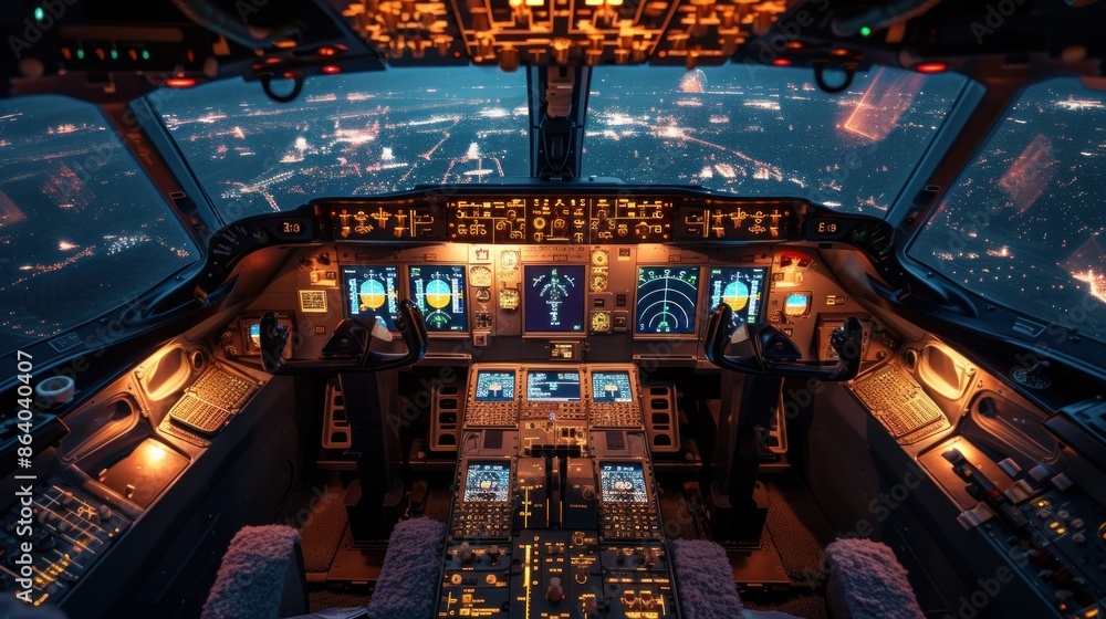 Cockpit pilot Flight Deck display. Throttle jet cabin with control ...