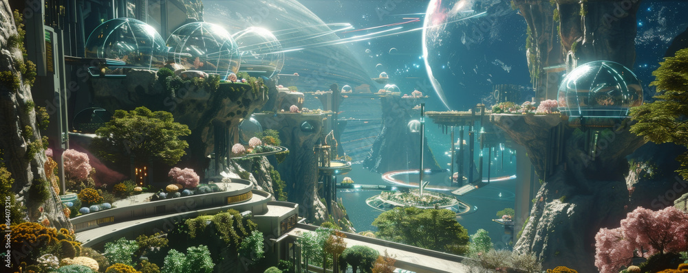 Futuristic landscape featuring an expansive orbital city with rotating ...