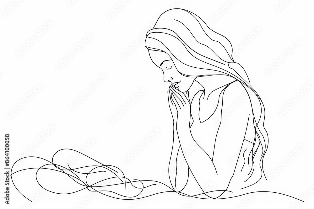 continuous line drawing of young woman in prayer flowing curves ...