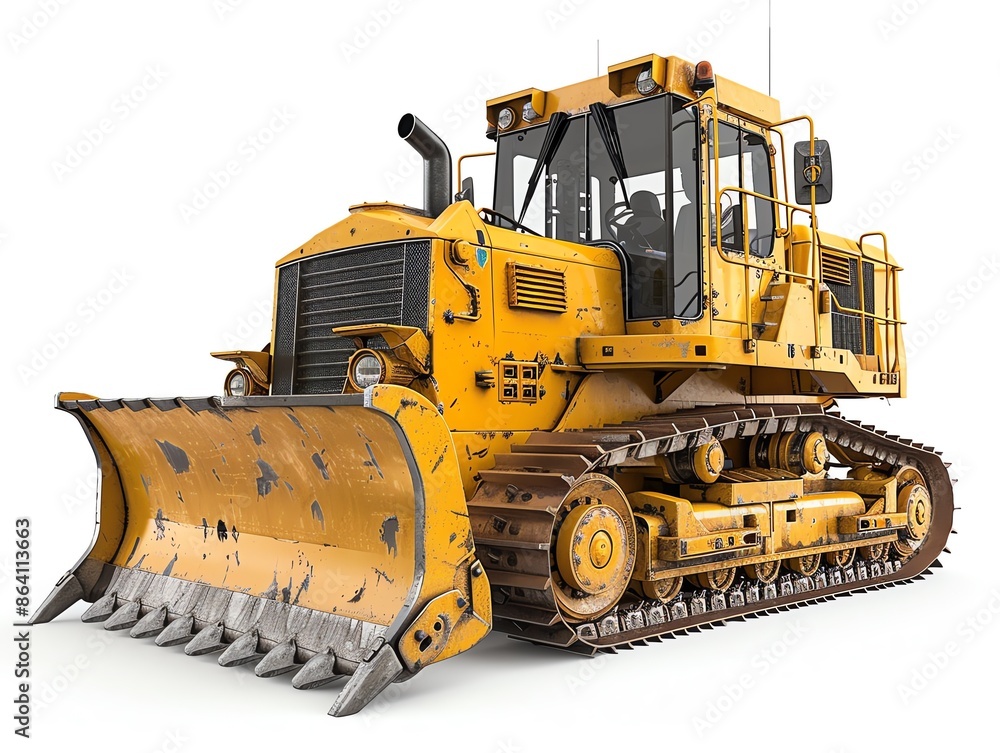 Compact bulldozer with ripper attachment, side view, isolated on white ...