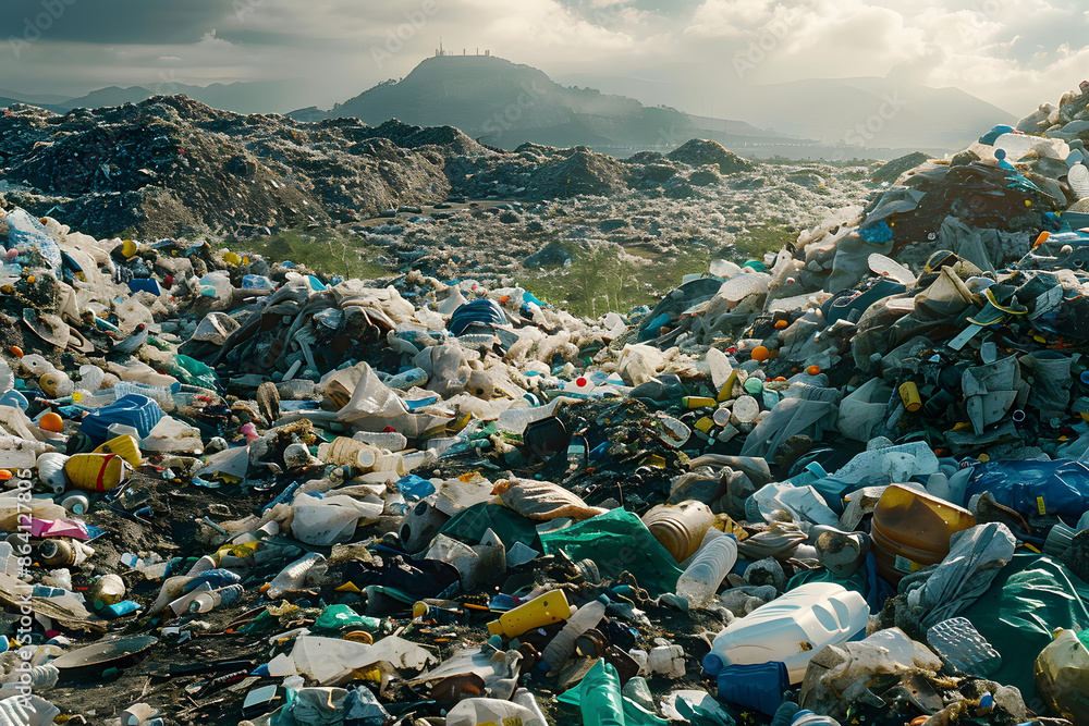 sprawling landfill site overflowing with mountains of discarded plastic ...