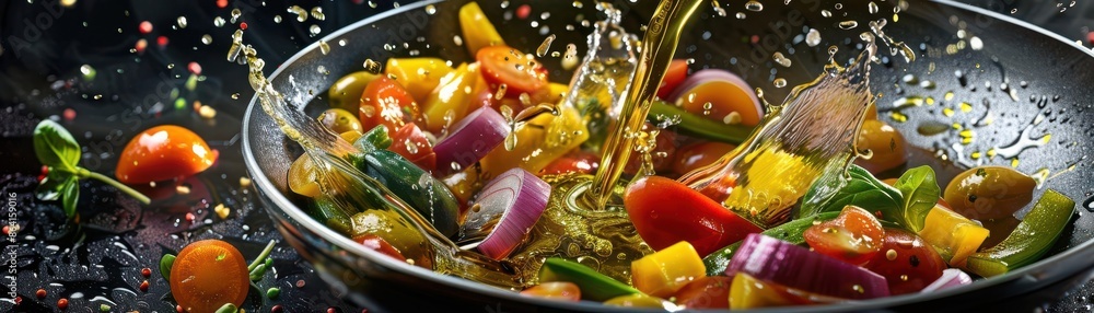 Hot olive oil splashing as colorful vegetables are tossed in a frying ...