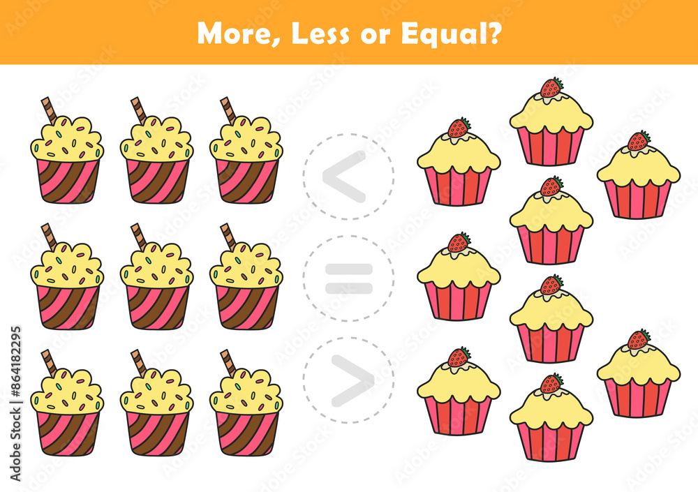 Comparison Worksheet with Cute Cartoon Cupcakes for Kids. Counting ...