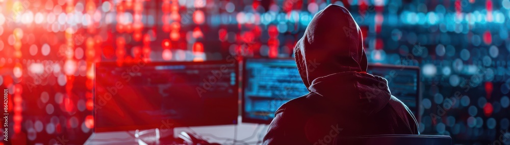 Hooded hacker working at a dual monitor setup, glowing red code matrix ...