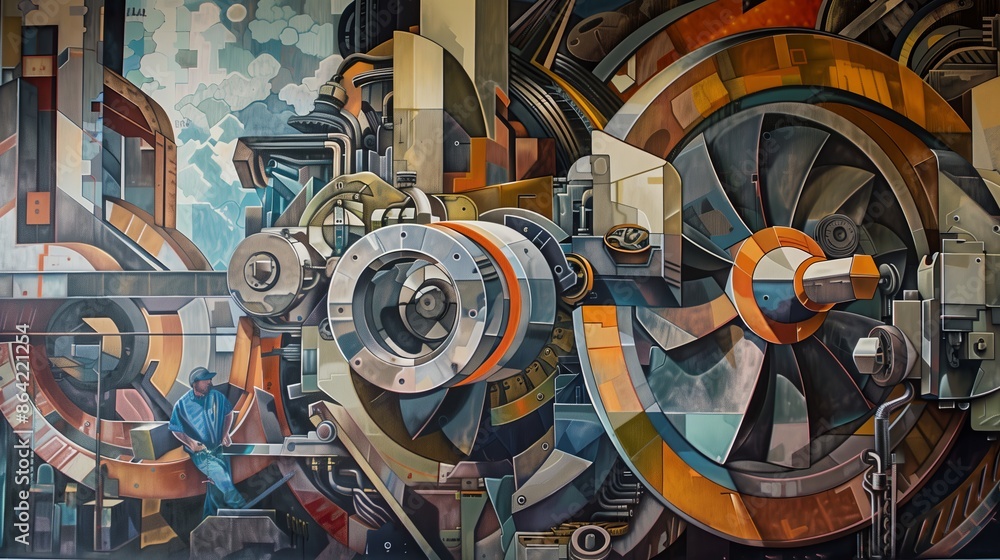Colorful abstract mural depicting a mechanic working on complex ...