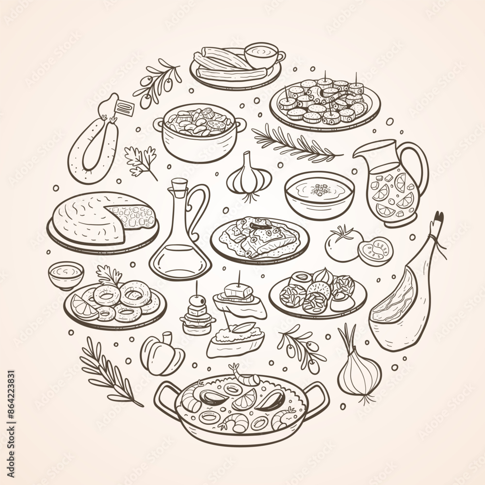 Hand-drawn typical Spanish food dishes and the most used ingredients in ...