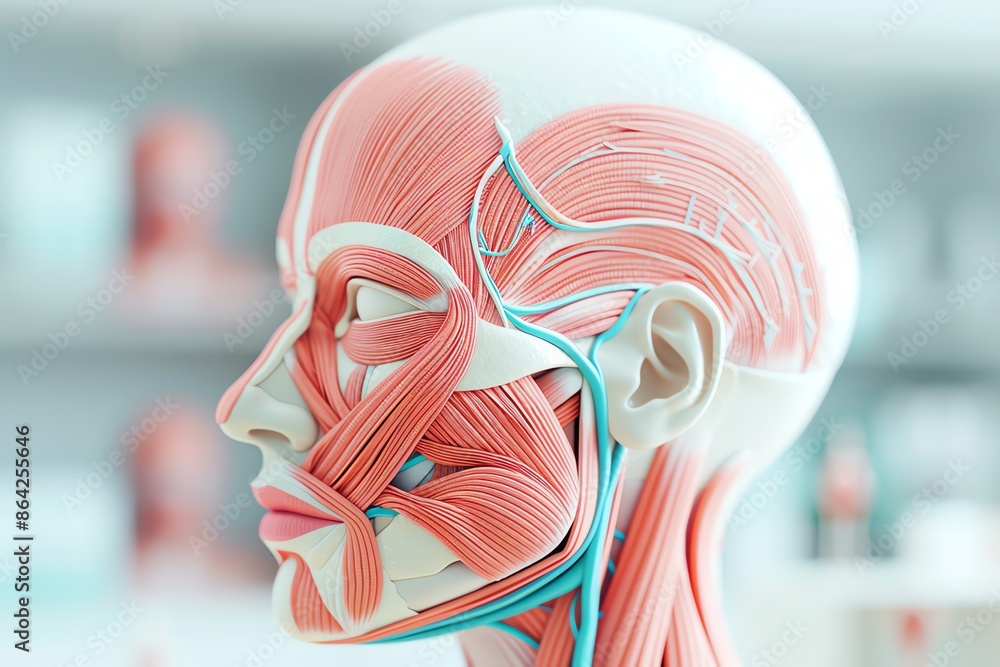 Detailed illustration of the layers of facial skin and muscles for ...