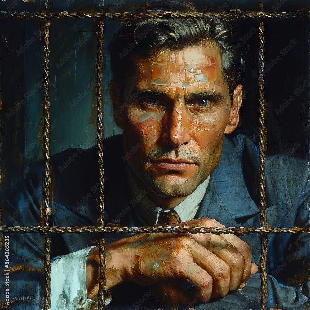Portrait of a man in a suit behind bars with a serious expression on ...