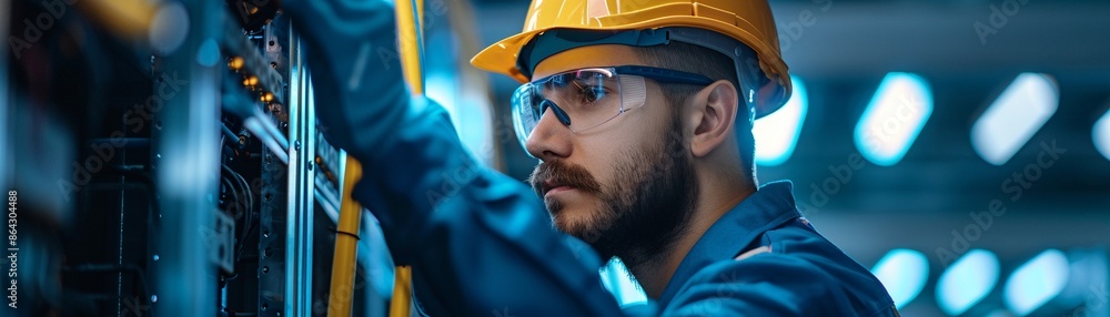 Electrician wiring an industrial building, routing cables through ...