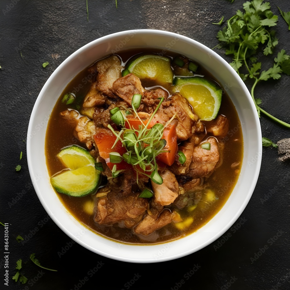 Filipino dish, Pork Sinigang, rustic, in white bowl, loaded with tender ...