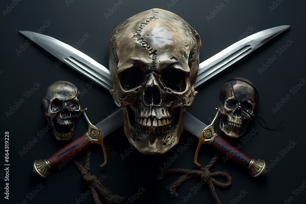 Skull with crossed swords dark background pirate theme horror concept ...