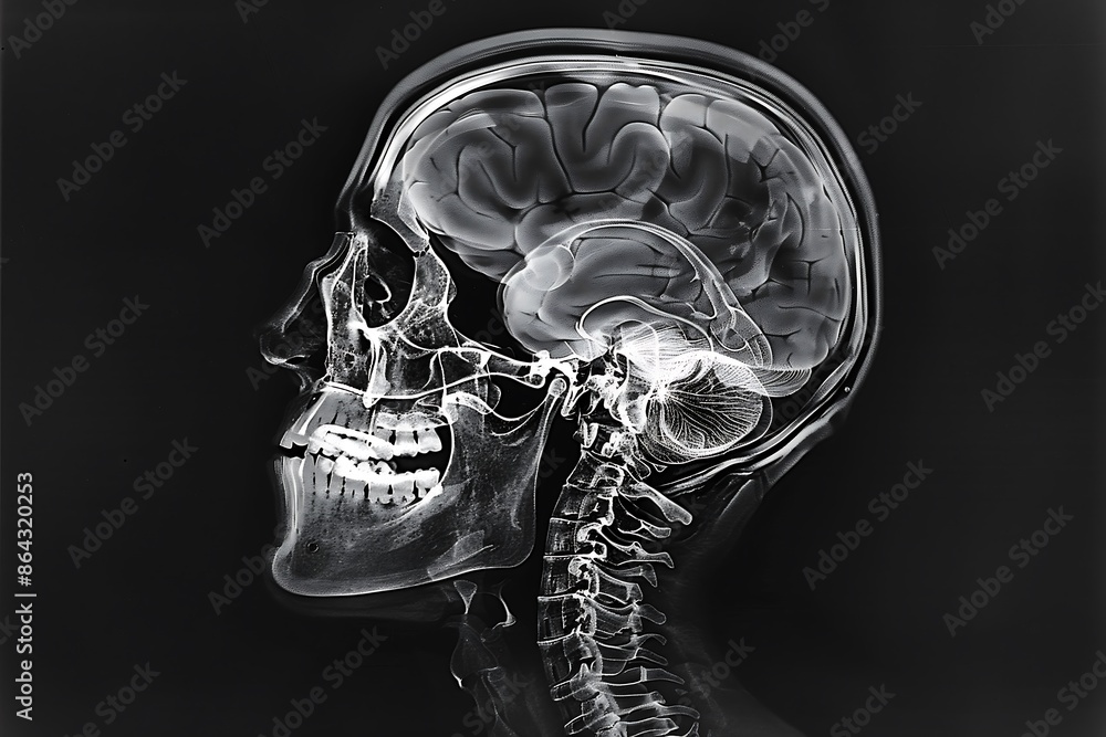 Stock-Foto „X-ray of human skull and brain showing detailed skeletal ...