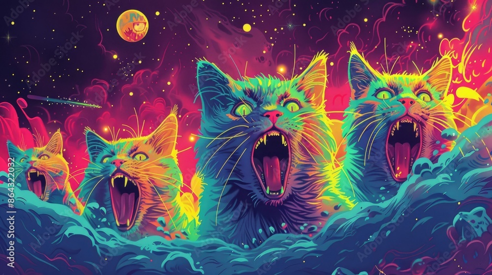 Surreal digital artwork of four neon-colored angry cats with open ...