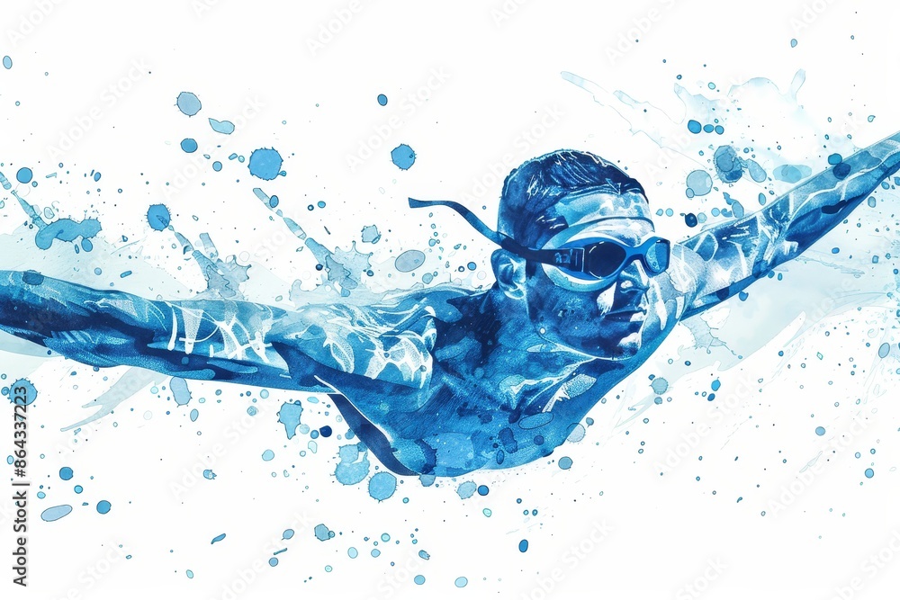 Dynamic blue watercolor illustration of a freestyle swimmer in action at the Paris 2024 Olympics ...