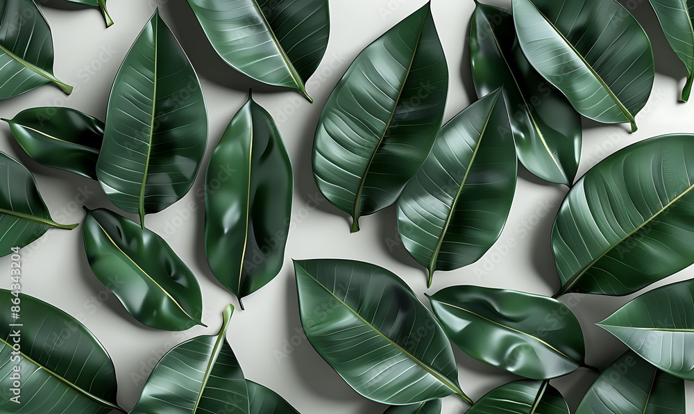 High-resolution cutouts of rubber plant leaves with their glossy, deep ...