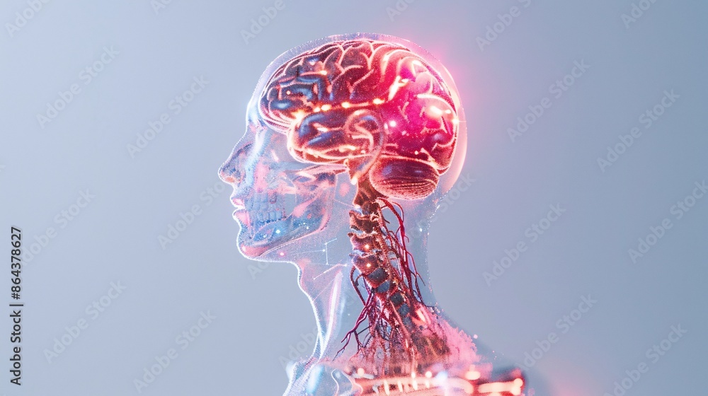 Human brain and neck and spine made of light, 3D render. Brain ...