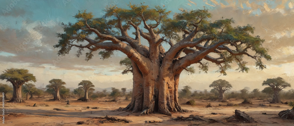 An ancient baobab tree with its thick, gnarled trunk and sparse leaves ...