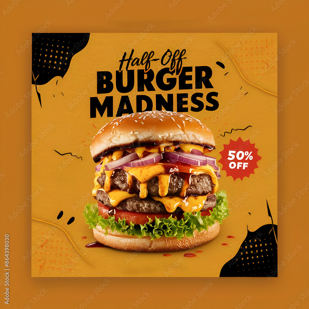 Burger 50% off social media poster design Stock Photo | Adobe Stock