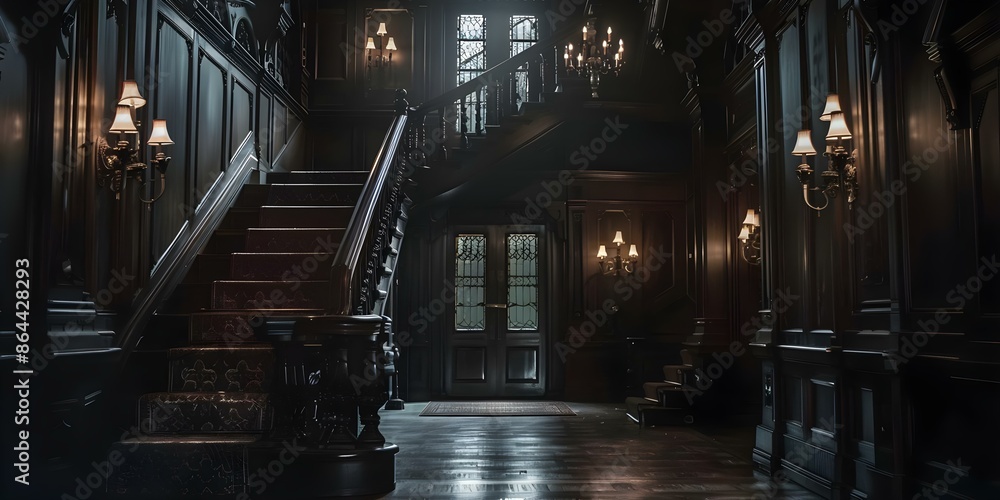 Gothic Victorian mansion hall with staircase and lamp holders in dark ...