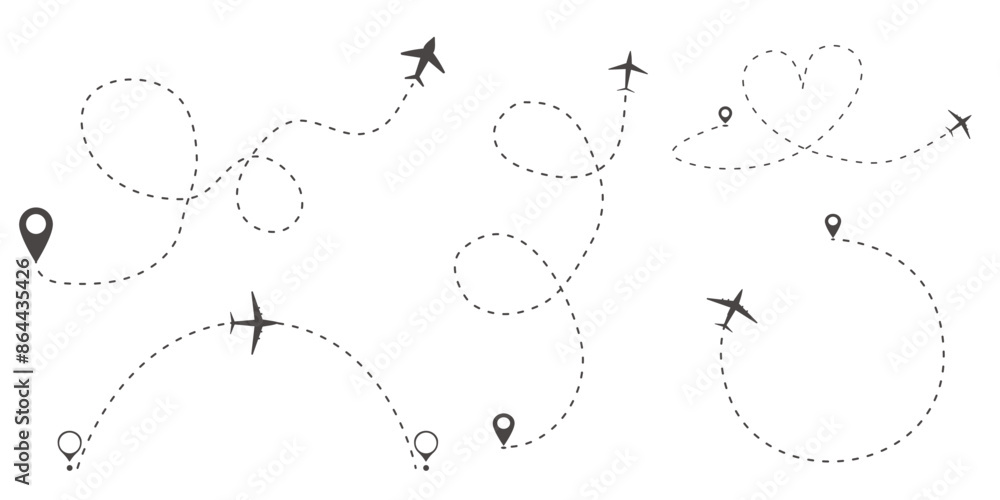 Itinerary dashed trace, line airplane flight, dotted path, aircraft ...