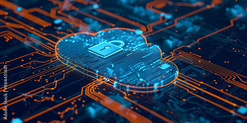 Futuristic depiction of cloud computing and cybersecurity with a ...
