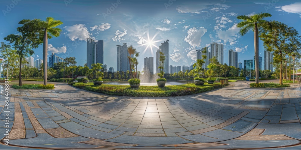 HDRI City Park with Modern Buildings 360° Panoramic view of a city park ...