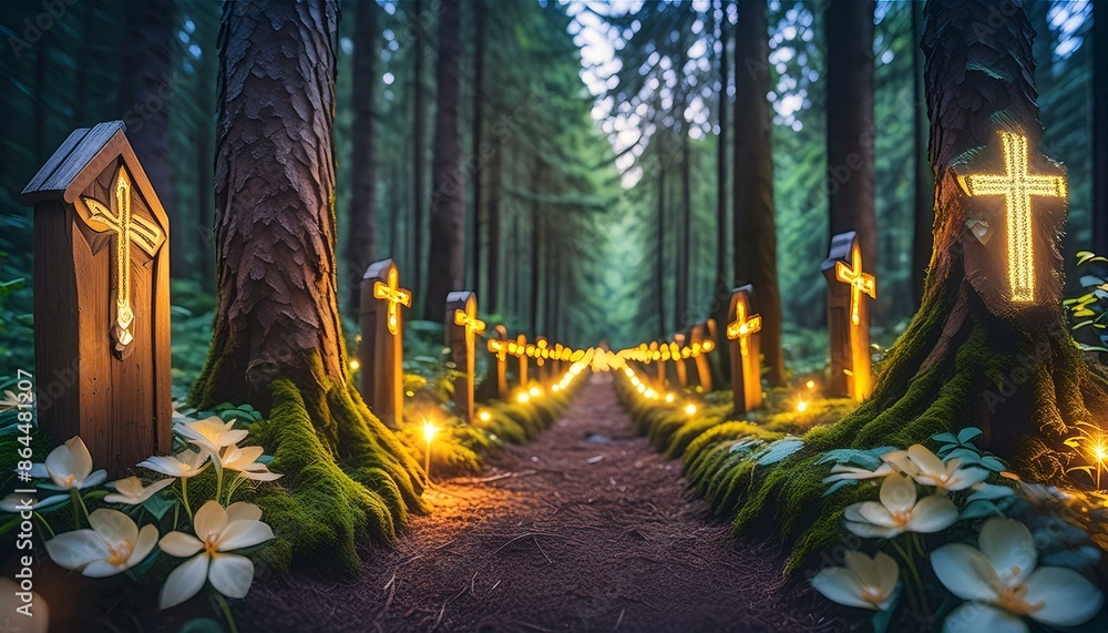 an enchanted forest where fireflies illuminate pathways marked by ...