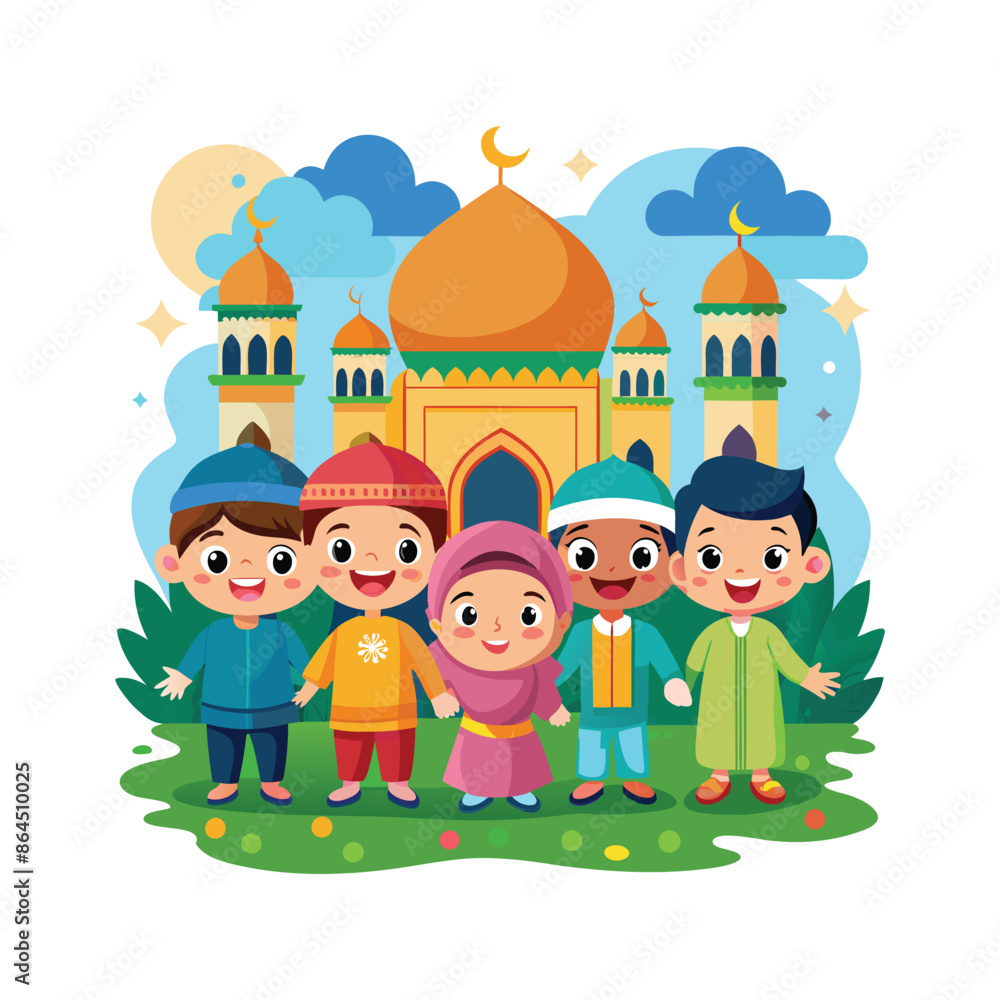 Happy cartoon Muslim kids vector in front of mosque Stock Vector ...