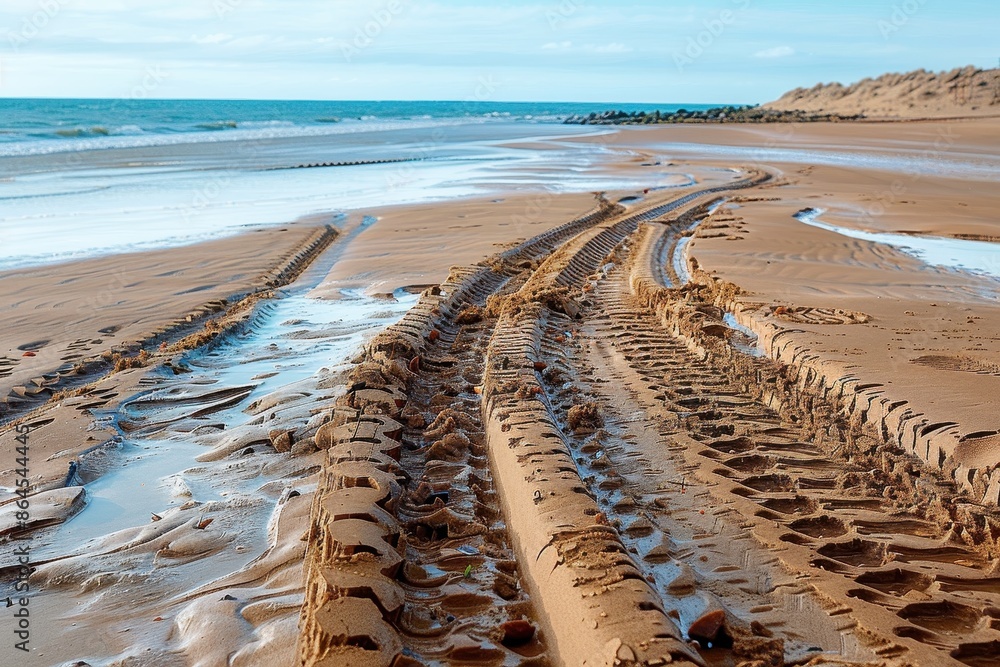 Vehicle tire tracks in the sand on a wide open beach with a view of the ...