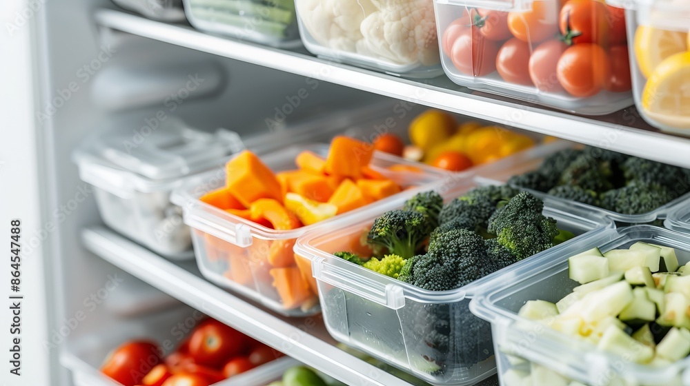 Open fridge filled with healthy meal prep containers, fresh cut ...