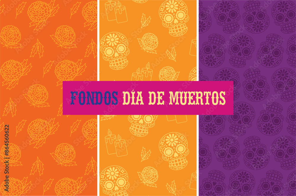 Fondo día de muertos patrón con flor cempasúchil, calavera y veladora ...