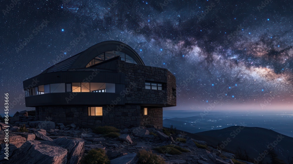 mountaintop observatory with dark stone cladding, designed to minimize ...