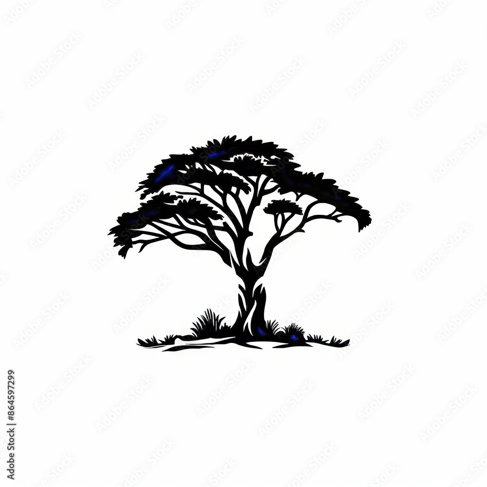 Simple vector graphic of an acacia tree in solid black on a white ...