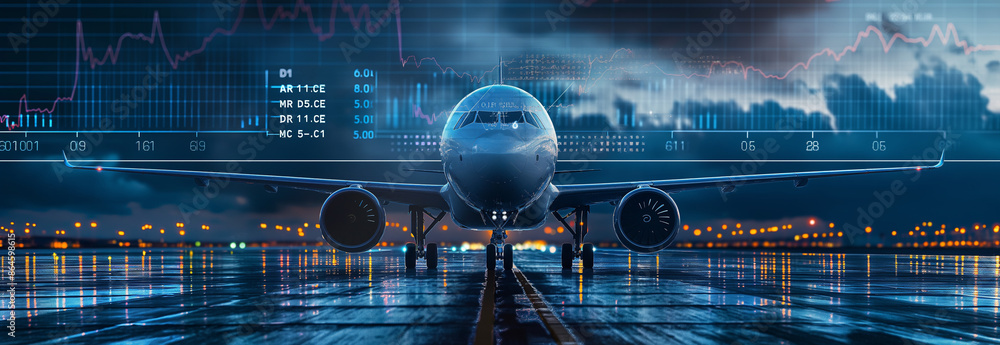 A modern airplane on the runway with futuristic graphs and charts ...