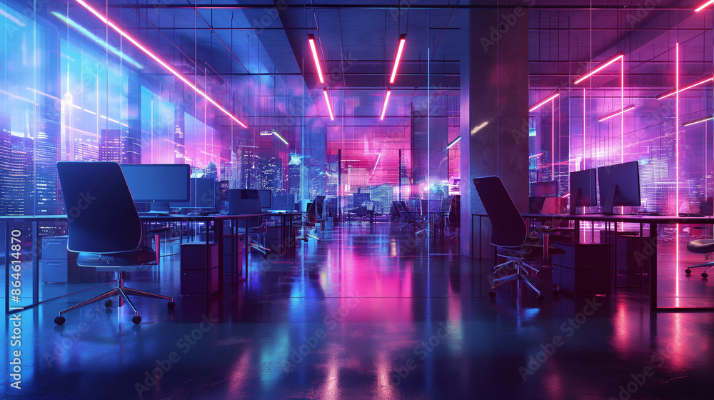 Modern neon cyberpunk open space office interior blurred with ...