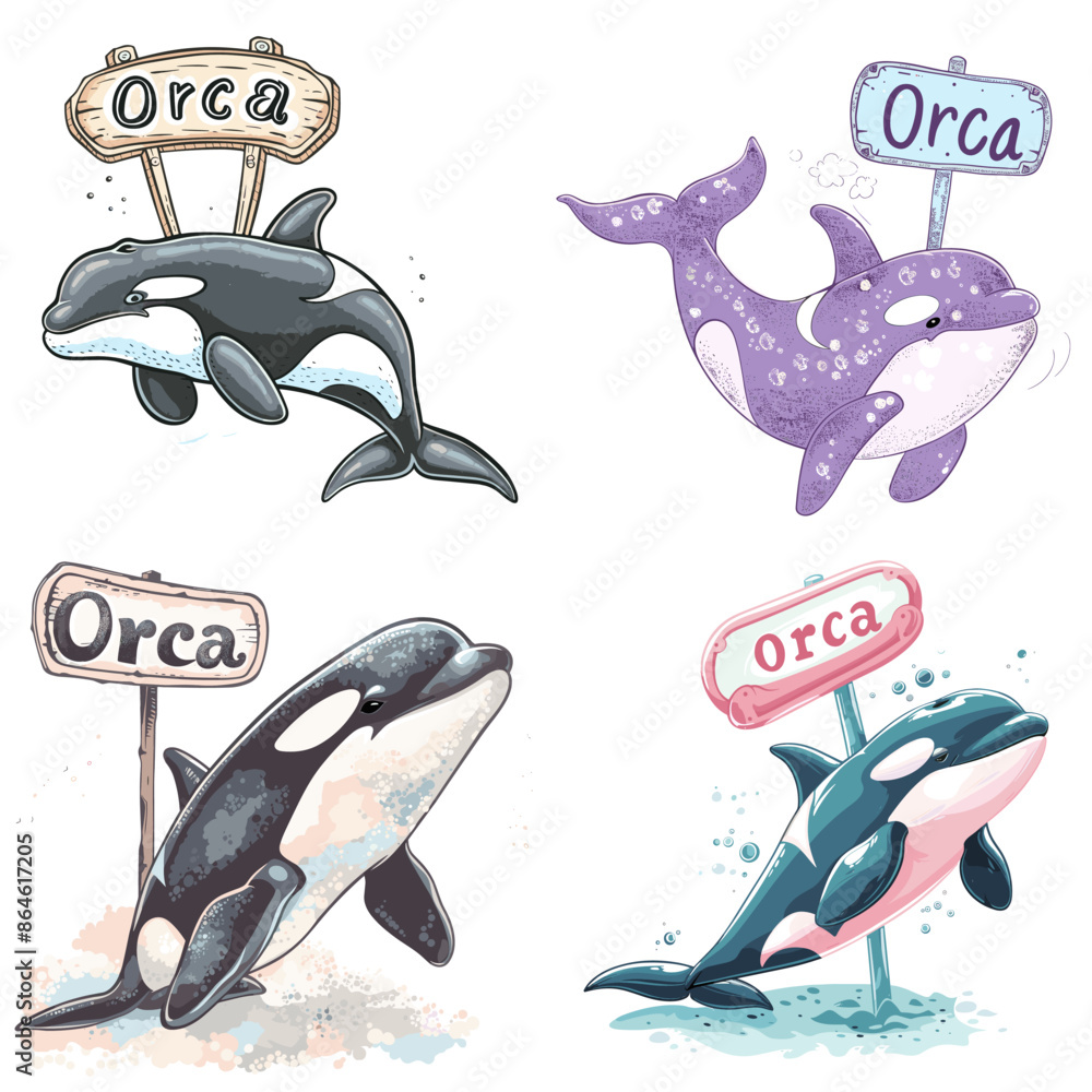 Adorable hand-drawn illustration set of playful orcas holding signs ...