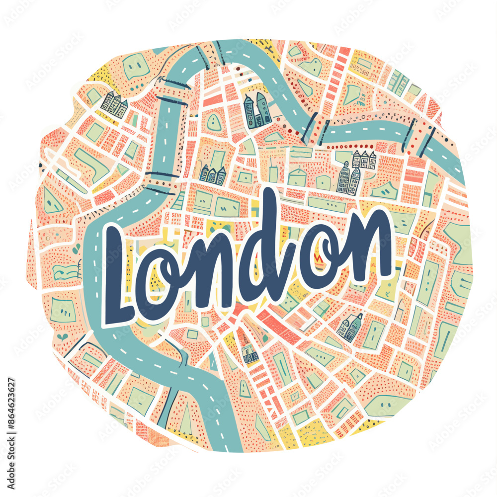 Colorful illustrated map of London featuring stylized streets ...
