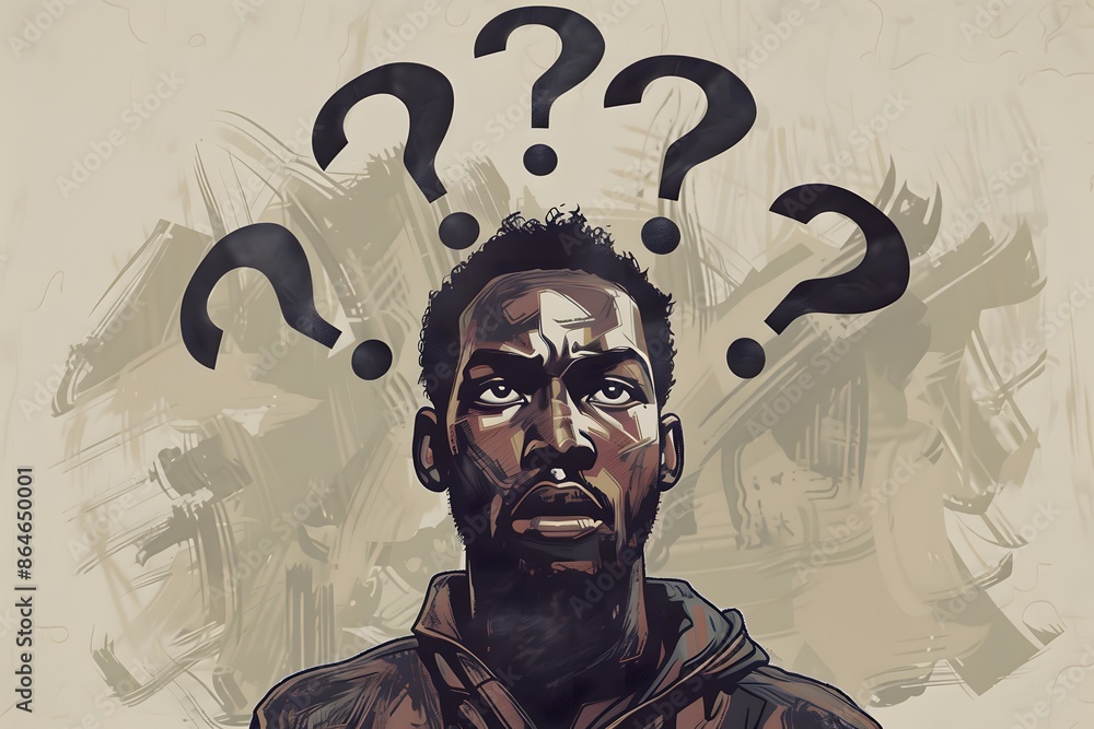 African Man Thinking with Question Marks Stock Illustration | Adobe Stock