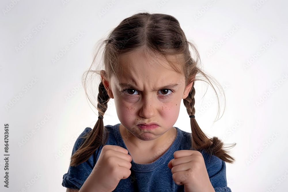 Angry young girl with clenched fists, expressing frustration, anger, or ...