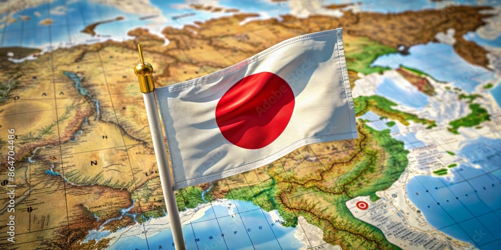 Vibrant red and white Japan flag waving in the wind, superimposed over ...