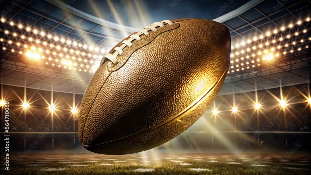 Golden football spinning in mid-air, lit by stadium lights, against a ...