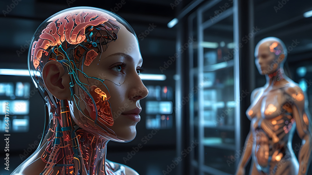 This model showcases a bioengineered human with transparent skin ...