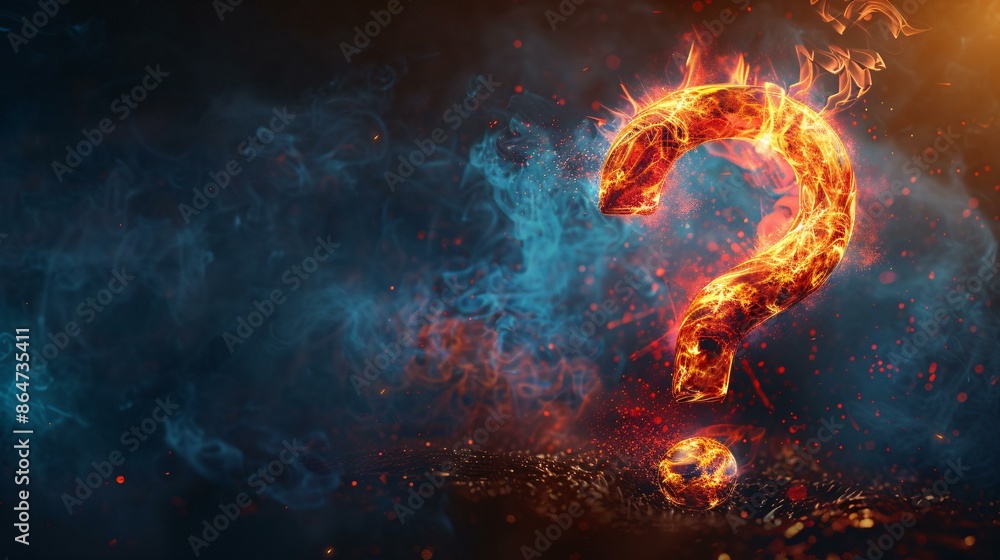 A glowing, fiery question mark is surrounded by a smoky, dark ...
