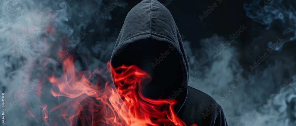 Grim reaper with fiery red face, emerging from dark background, smoke ...