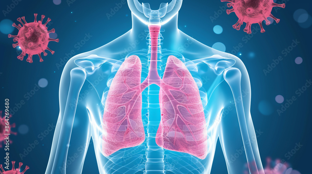 3D illustration of human chest and lungs with floating viruses. Concept ...