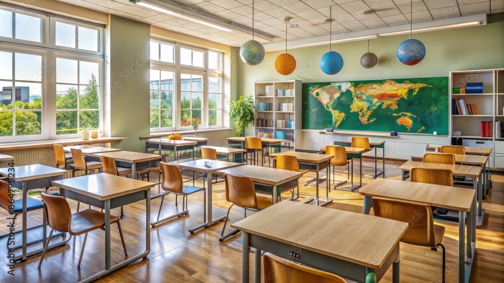 Empty classroom with rows of desks, chairs, and chalkboard, decorated ...