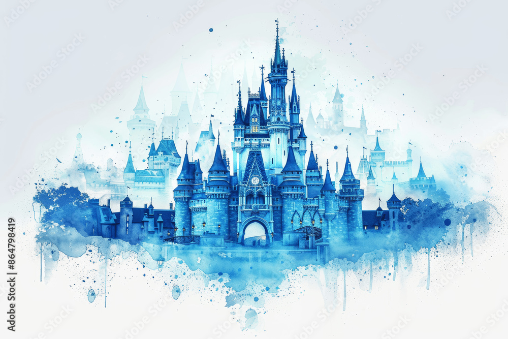 Blue Watercolor Castle Illustration Isolated White Background Simple ...