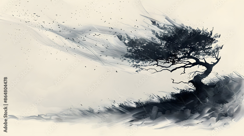 Minimalistic Wind-Swept Tree Sketch in Ink Stock Photo | Adobe Stock