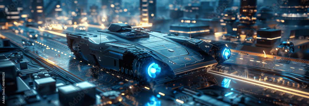 futuristic military tank on AI-controlled motherboard cyber attack ...