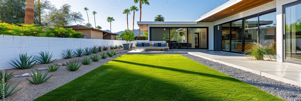 Midcentury modern home with artificial turf backyard on Modelina St ...